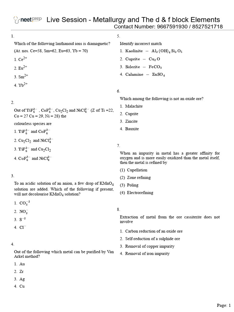 SUPER REVISION 11 Aug Metallurgy and D & F Block Elements | PDF | Redox | Metals