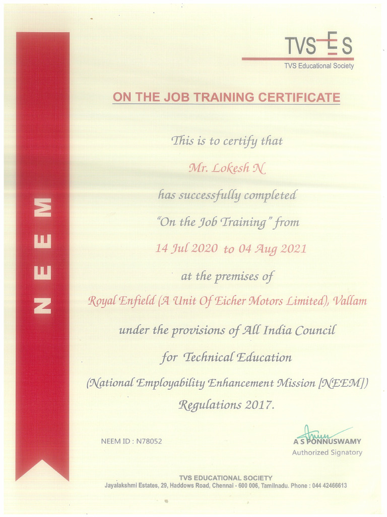 RE Certificate (TVS ES) | PDF