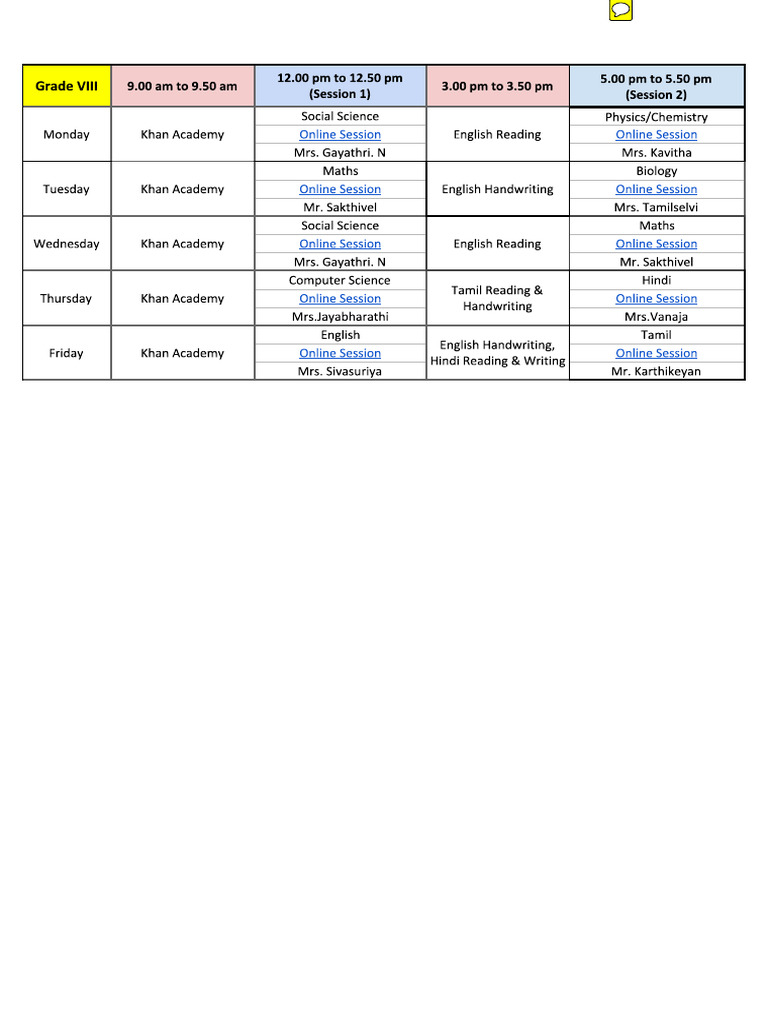 Term II - Grade VIII Online Class Timetable | PDF