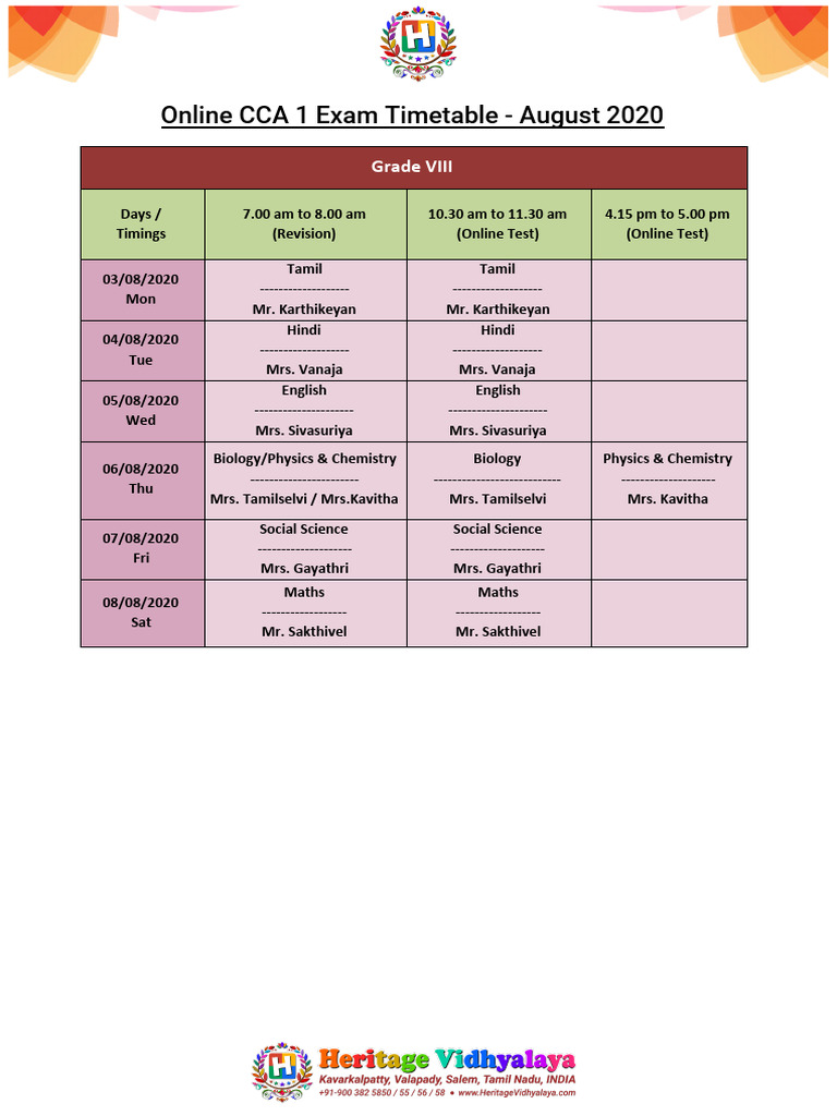 Online.CCA-1.TimeTable.Grade VIII | PDF