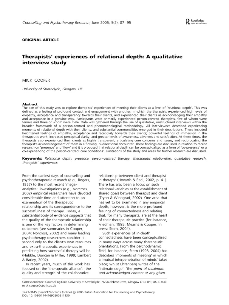 Therapists Experiences of Relational Depth A Qualitative Interview ...
