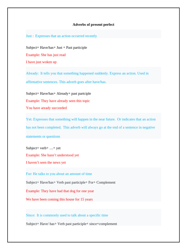 Adverbs of Present Perfect | PDF