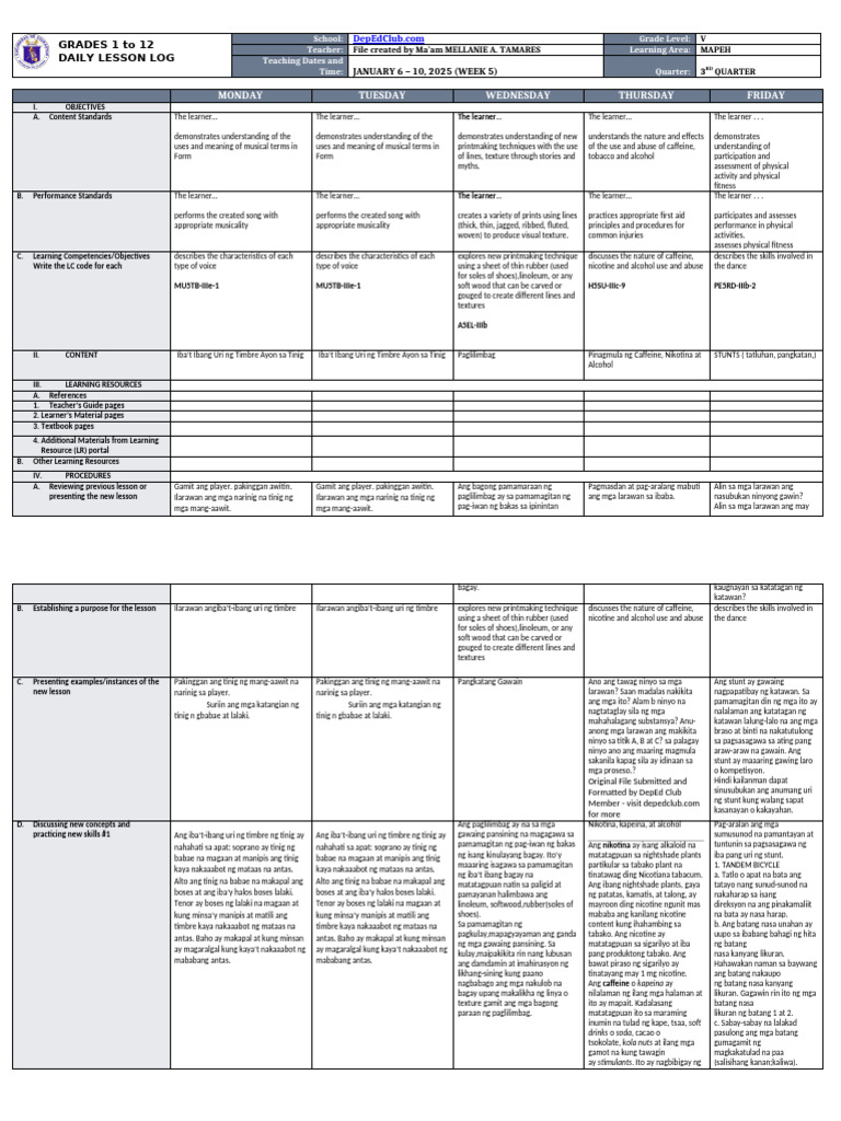 DLL - Mapeh 5 - Q3 - W5 | PDF