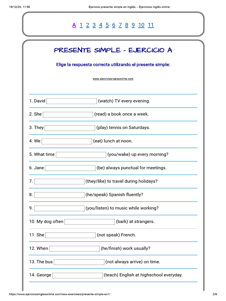 Ejercicio Presente Simple en Inglés. - Ejercicios Inglés Online | PDF