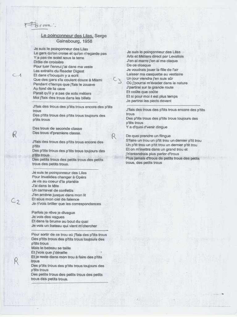 Le Poinçonneur Des Lilas (Paroles) | PDF