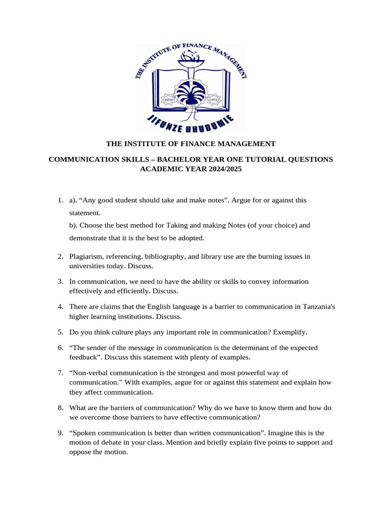 Communication Skills Tutorial Questions | PDF | Communication ...