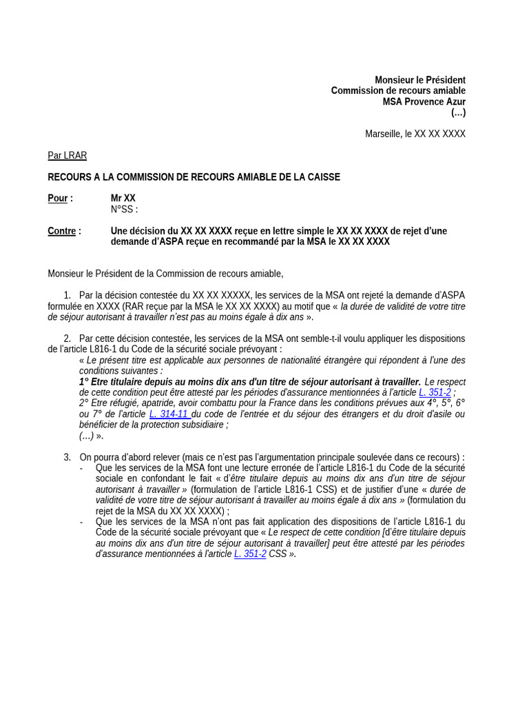 Recours contre rejet d'ASPA MSA | PDF | Maroc | Sécurité