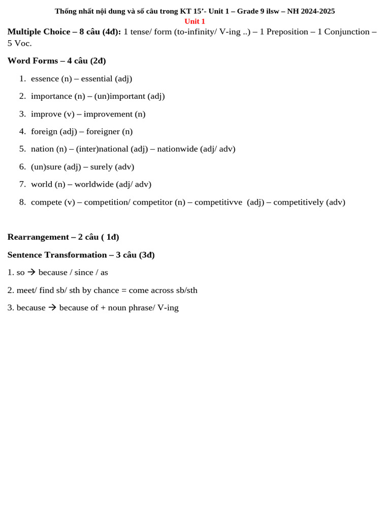 Nội dung và số câu trong KT 15_U1_Lớp 9_NH 24-25 | PDF