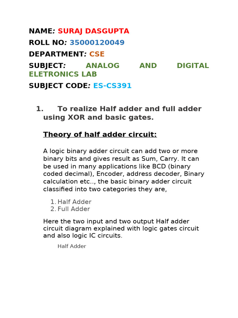 Bhaskar Pal - Da | PDF | Logic Gate | Subtraction