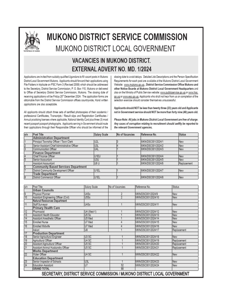 MUKONO DISTRICT SERVICE COMMISSION FINAL New | PDF