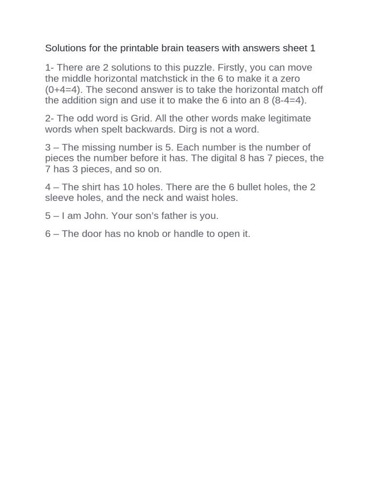 Solutions for the Printable Brain Teasers With Answers Sheet 1 | PDF