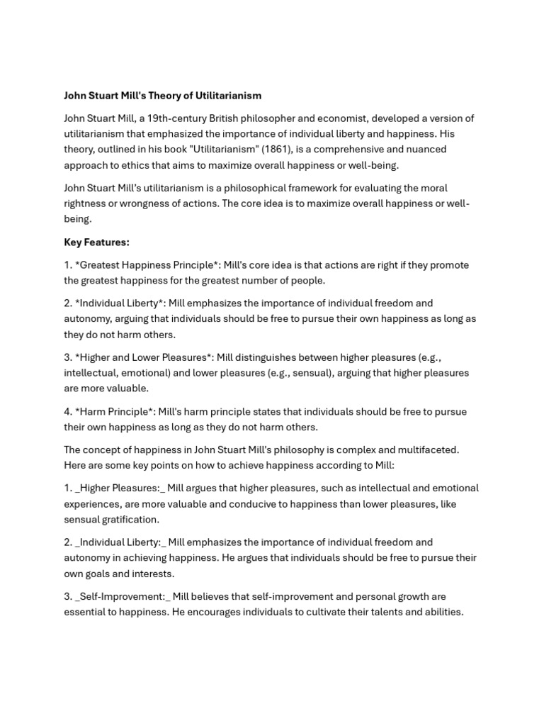 Mill Theory of Utilitarianism | PDF | John Stuart Mill | Utilitarianism
