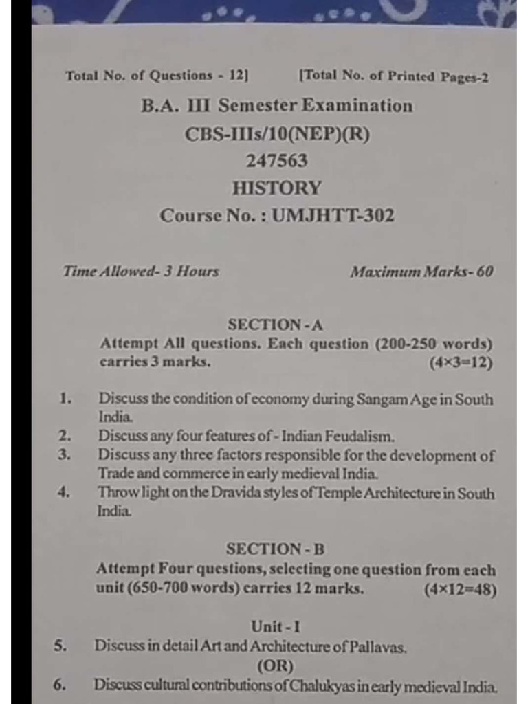 NEP 3rd Sem Major2 History (UMJHTT-302) Question Paper | PDF