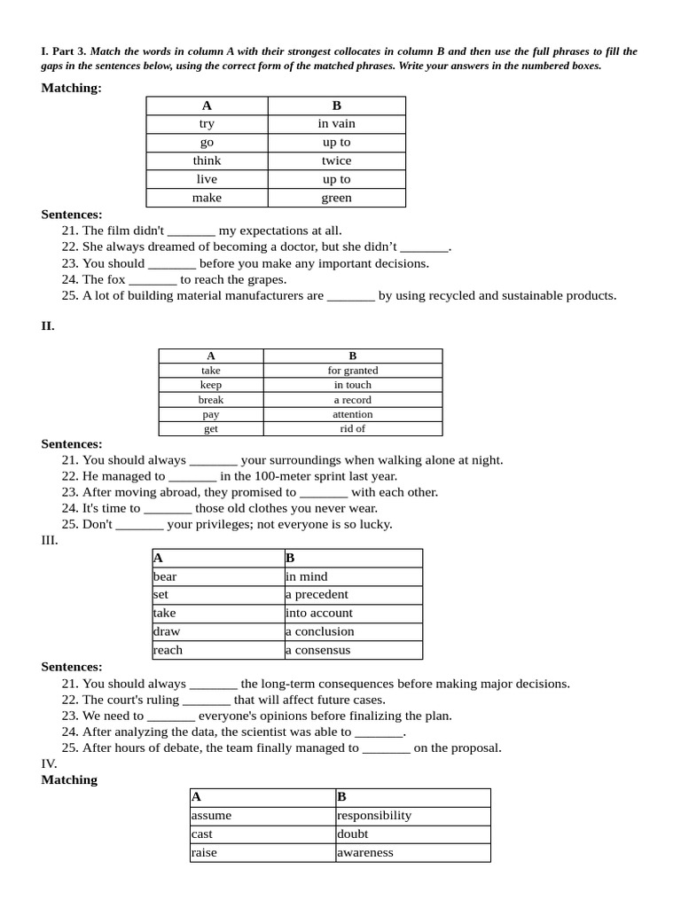 Matching COLLOCATIONS | PDF | Thought | Risk