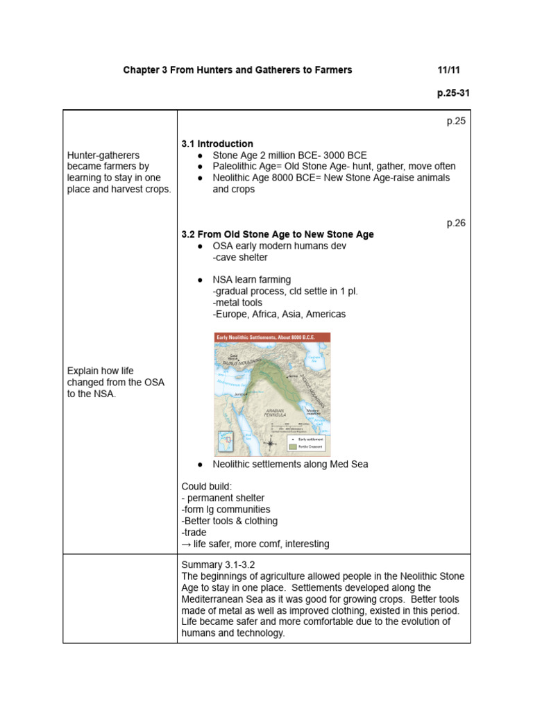 Chapter 3 Cornell Notes From Hunters and Gatherers To Farmers | PDF ...