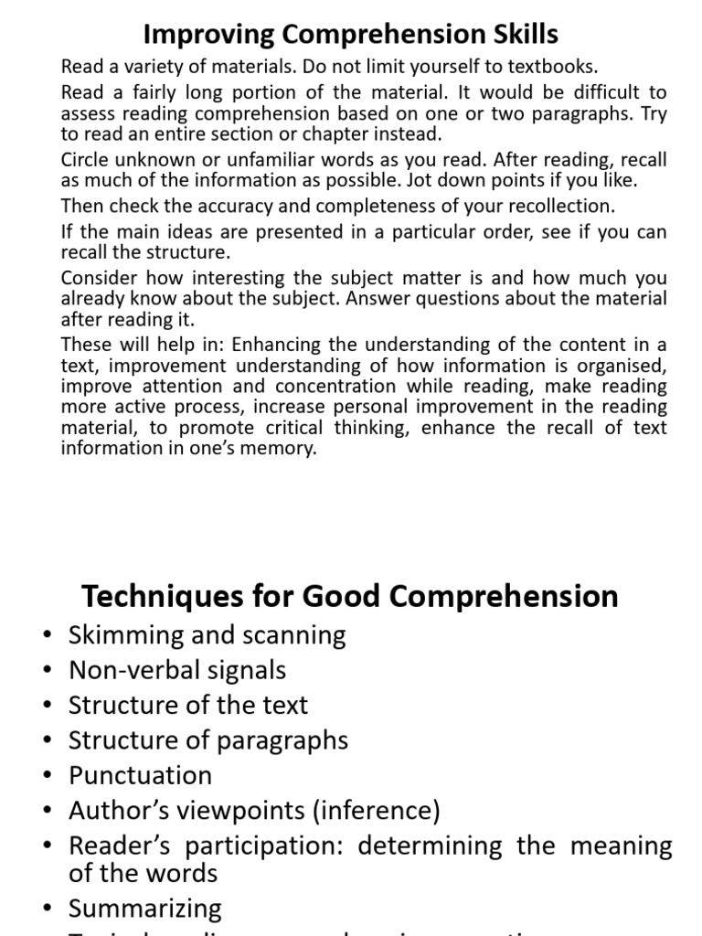 Improving Comprehension Skills | PDF | Reading Comprehension | Speed Reading