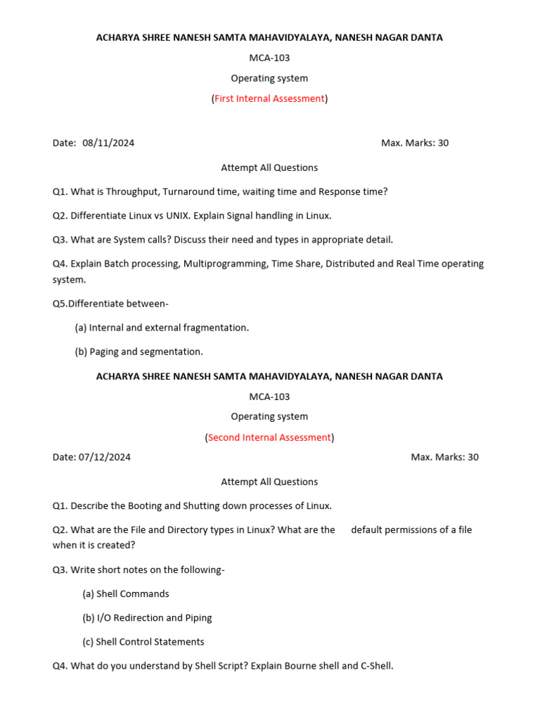 MCA Operating System Assessment Questions | PDF