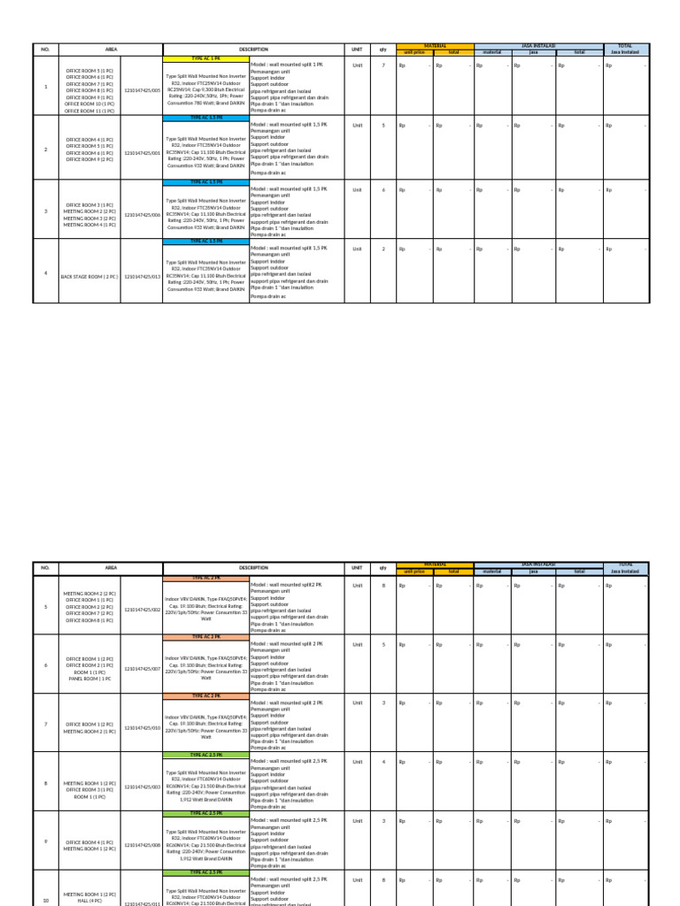 Daikin & Panasonic AC Installation Details | PDF | Physical Quantities ...