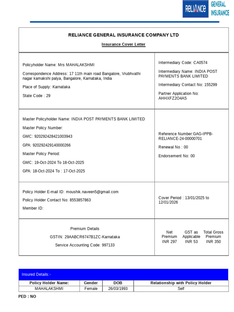 Reliance GAG Policy Details for IPPB | PDF | Insurance | Underwater Diving