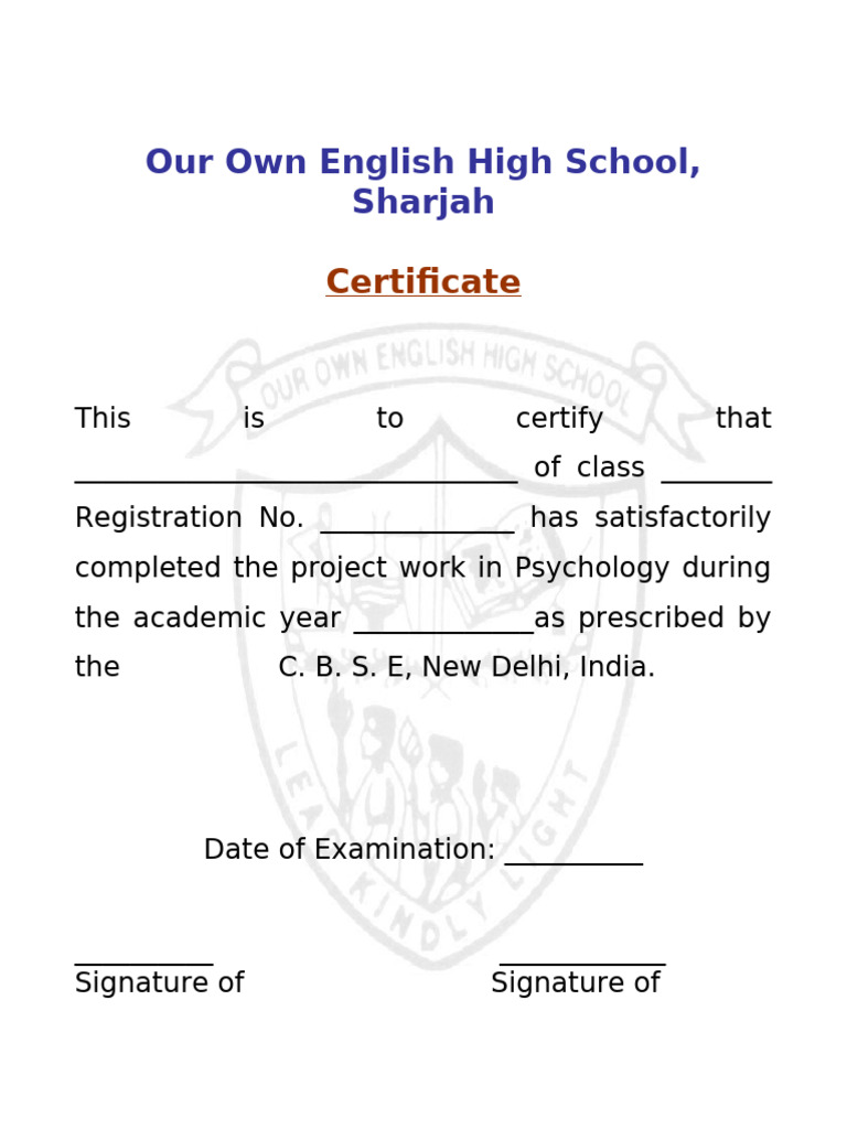 Psychology Project Completion Certificate | PDF