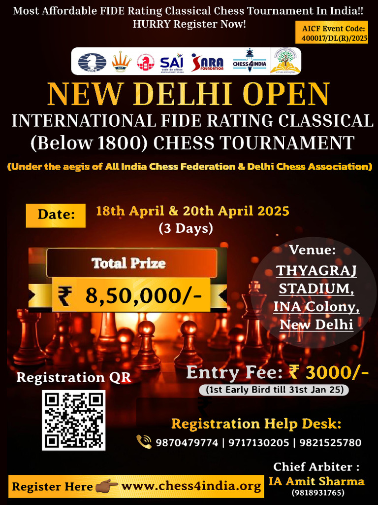 Brochure New Delhi Open International Fide Rated Classical Below 1800 Chess Tournament 8.5 Lac ...