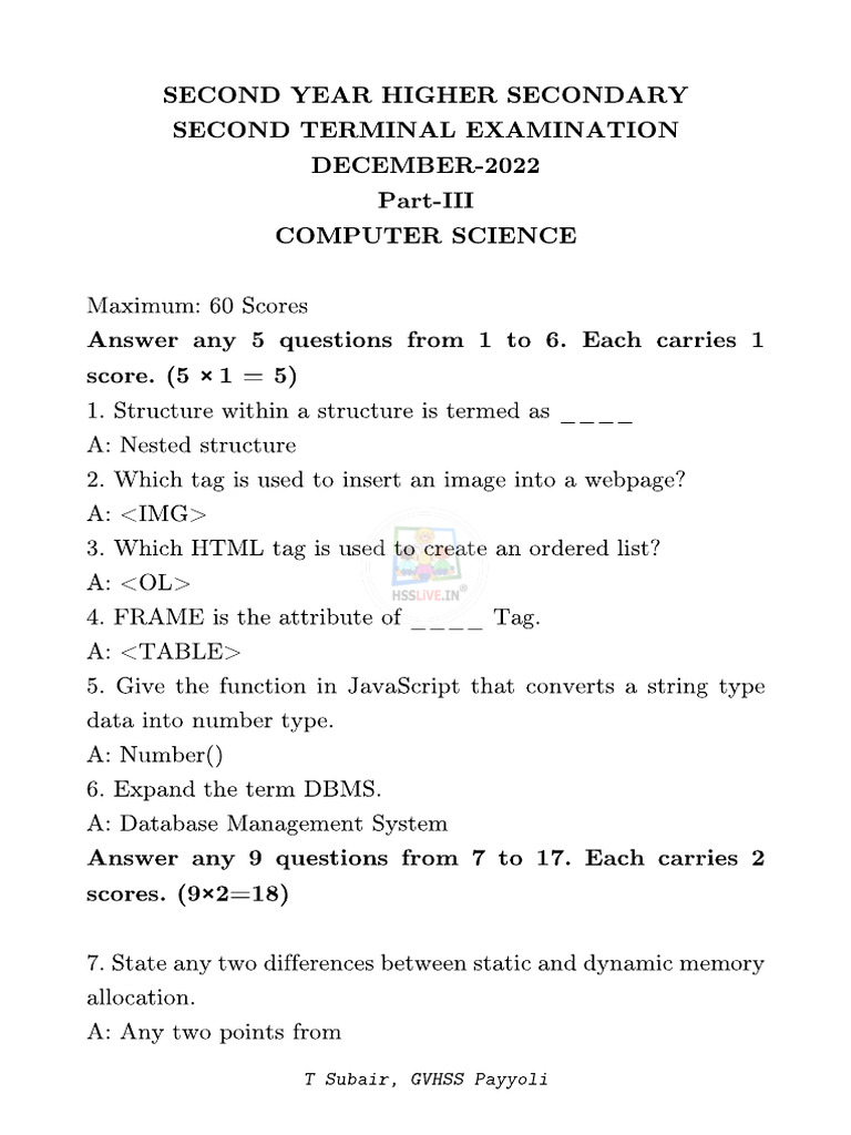 Hsslive Xii Comp Science Term 2 Dec 2022 Key Subair 1 | PDF | Computer Programming | Computing