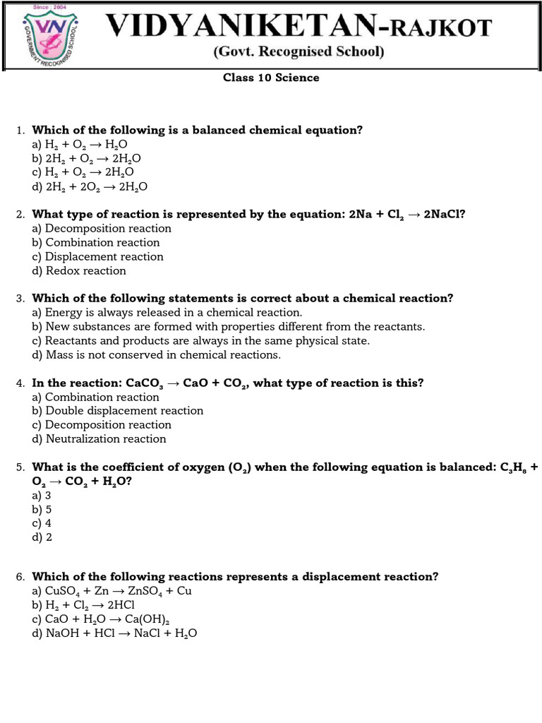 Science Class 10 Chemistry MCQ | PDF | Metals | Acid