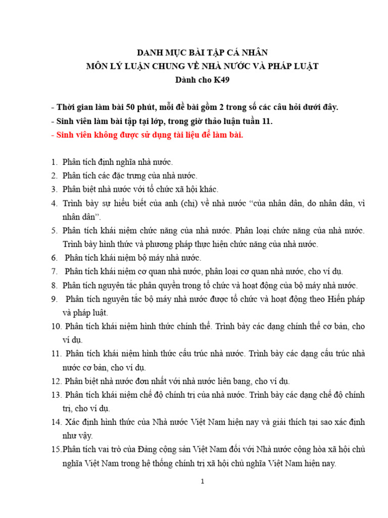 Danh mục BTCN môn LLC về NN và PL HLU | PDF