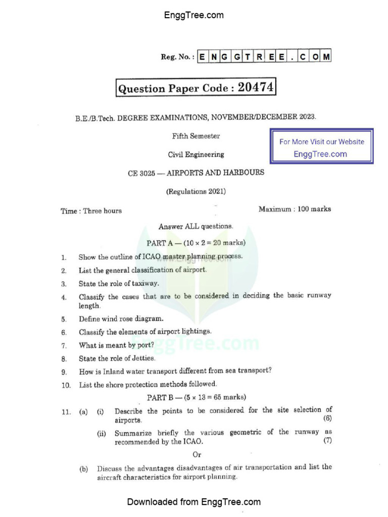 CE3025 Airports and Harbours Nov Dec 2023 Question Paper Download | PDF