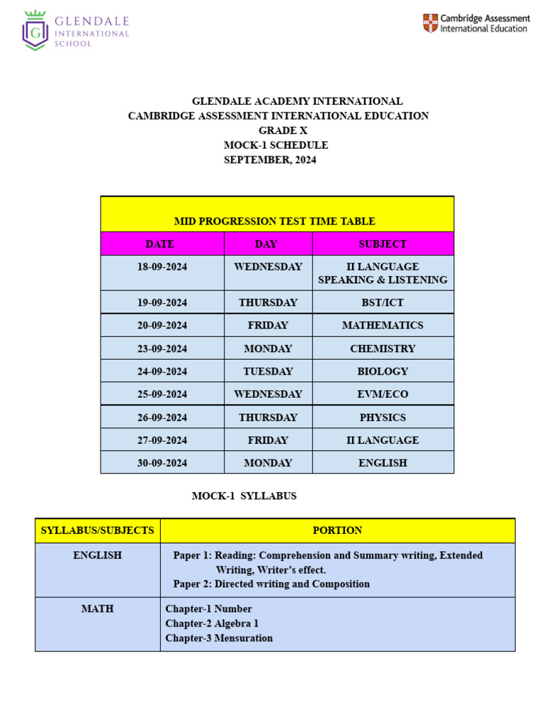 Grade X Mock Exam Schedule 2024 | PDF | Chemistry | Physics