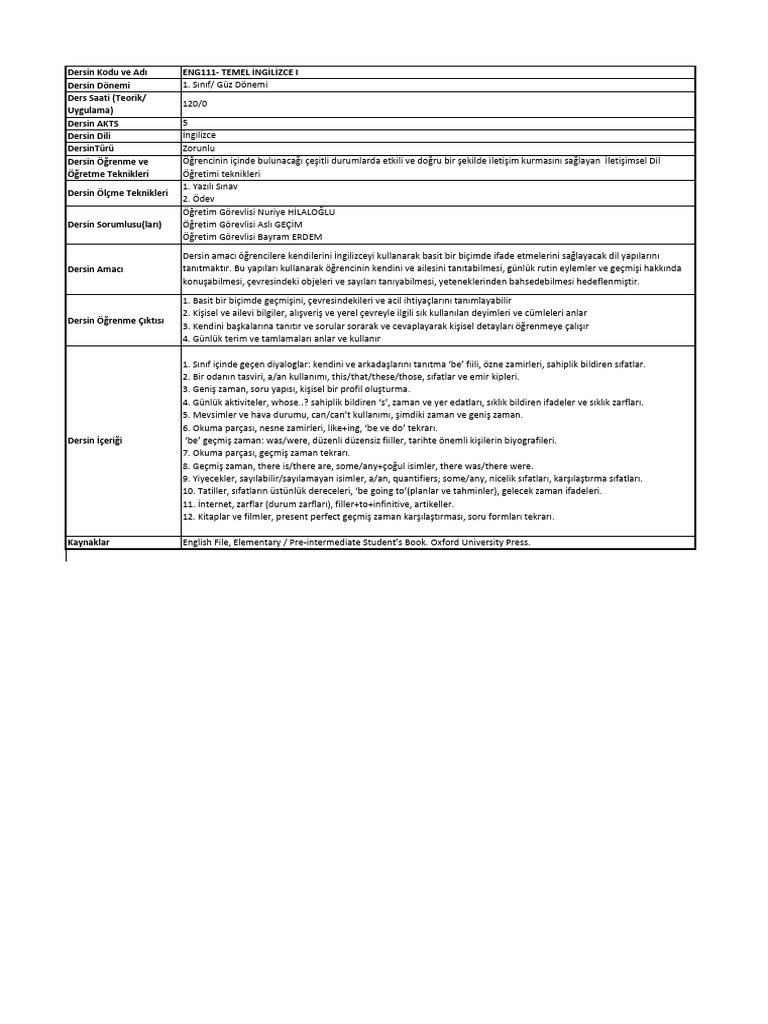 Eng111 Temel İngi̇li̇zce 1 1 | PDF