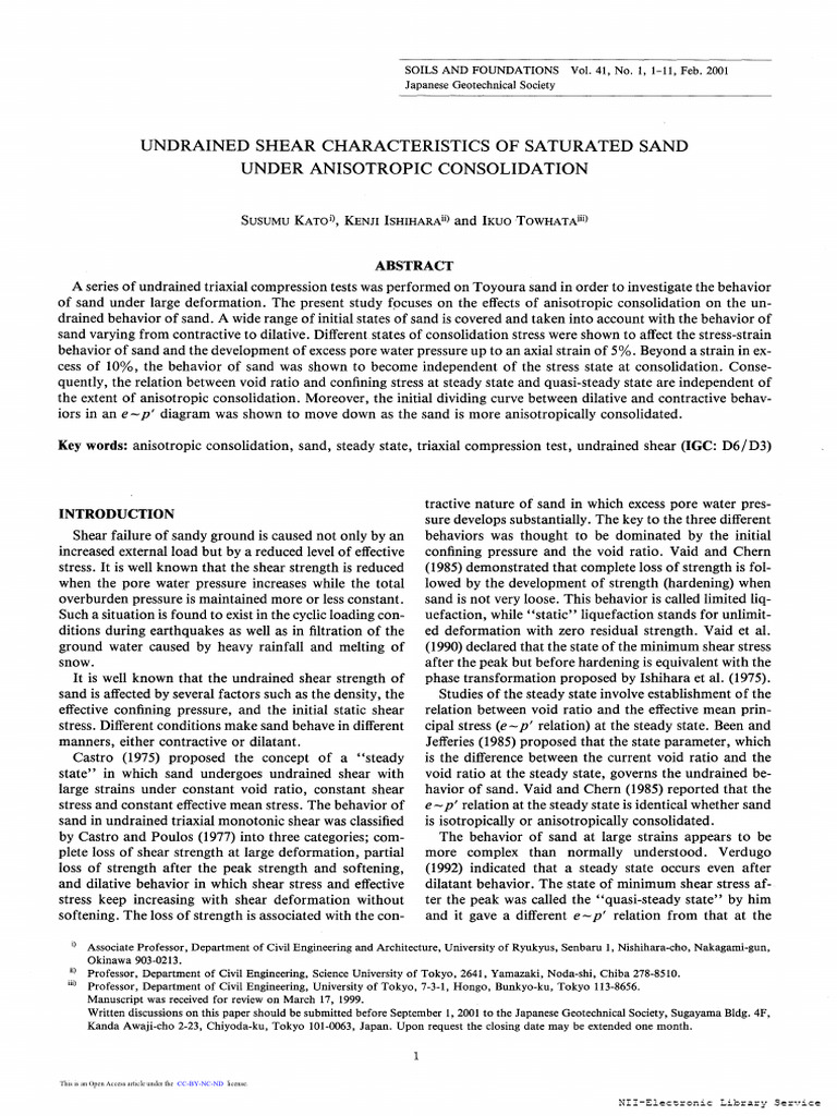 Undrained Shear Characteristics of Saturated Sand Under Anisotropic Consolidation | PDF ...