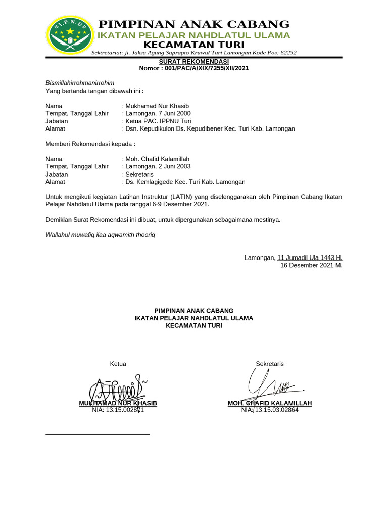 001.surat Rekomendasi Latin (Moh. Chafid Kalamillah) | PDF