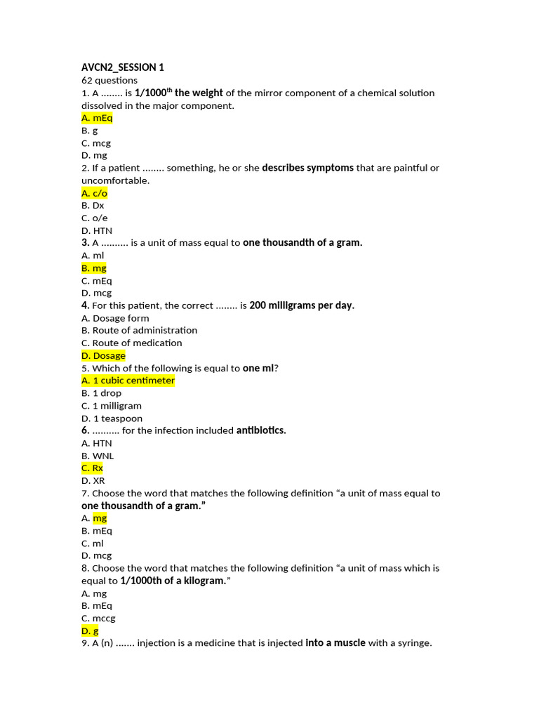 62 Câu BT AVCN2 Buổi 1 | PDF | Clinical Medicine | Medical Specialties