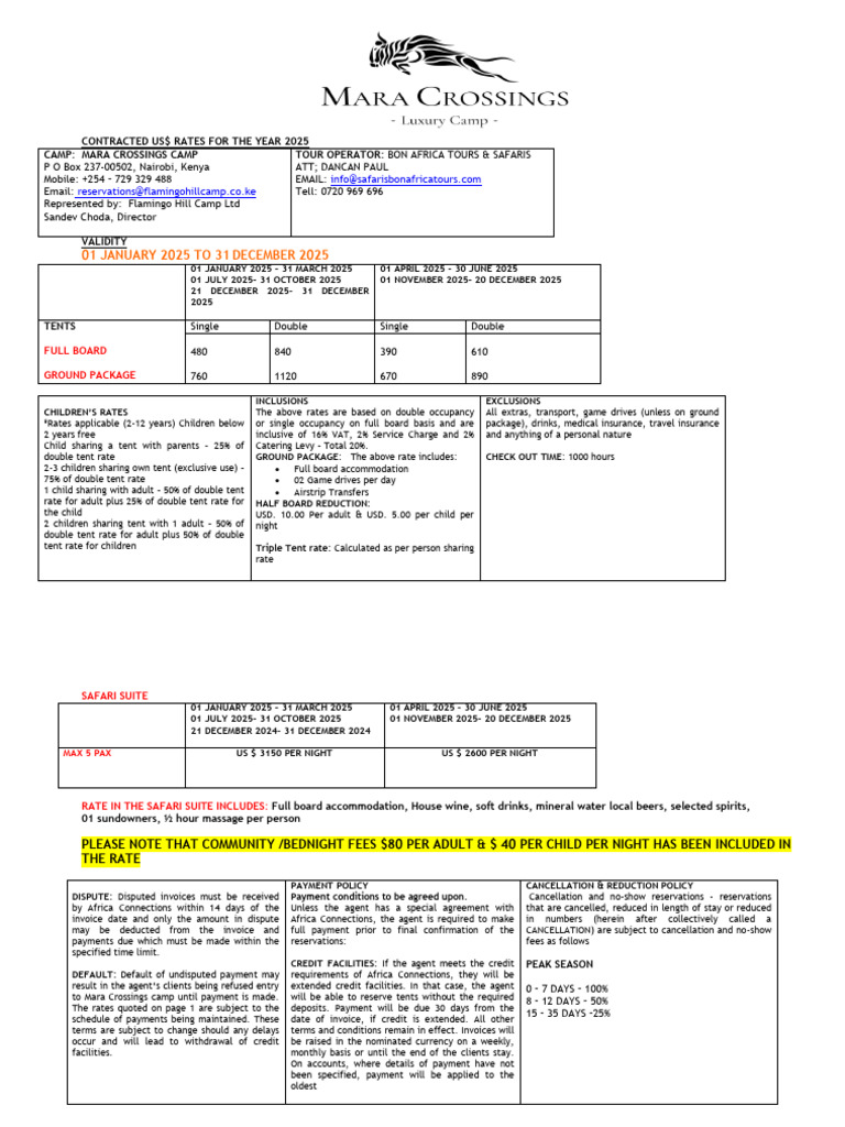 2025 Mara Crossings Camp Rates | PDF | Payments | Private Law