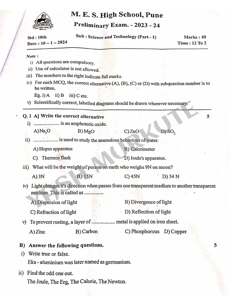 Preliminary Examination Paper (SCIENCE 1) | PDF