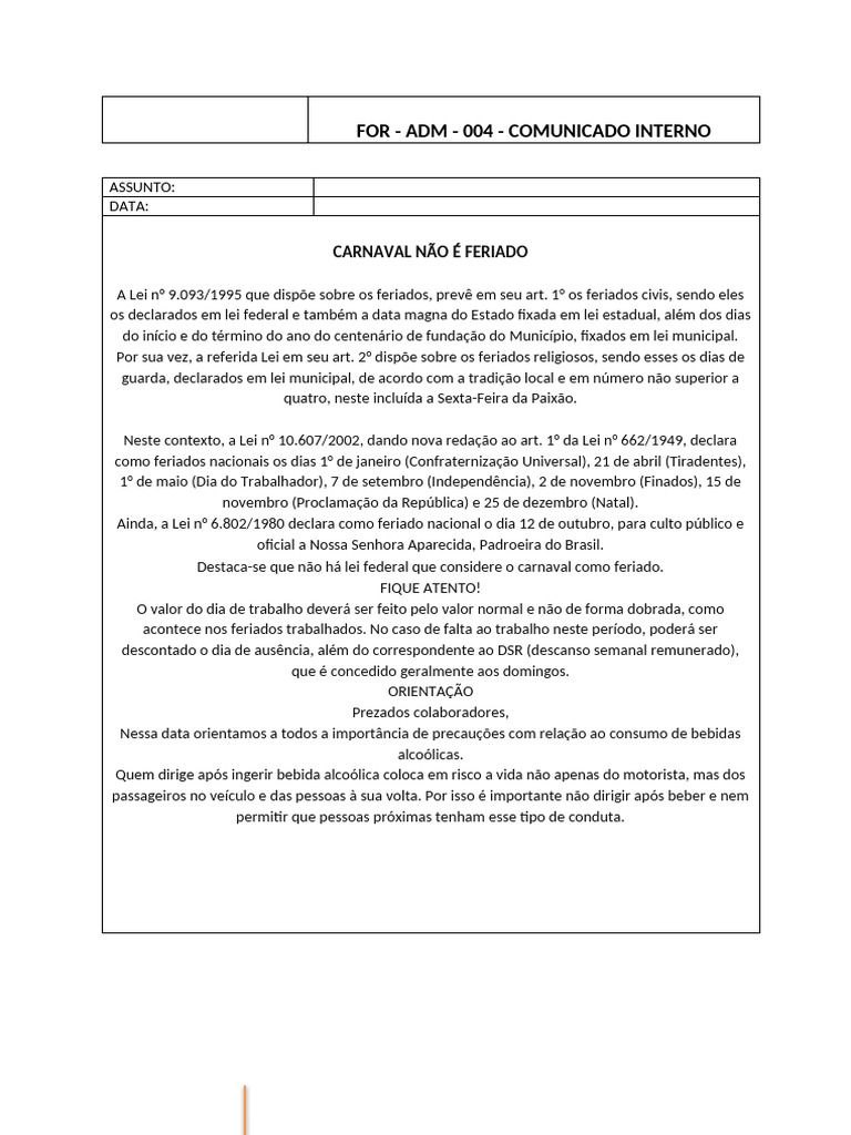 FOR - ADM - 004 - COMUNICADO INTERNO (MODELO) | PDF