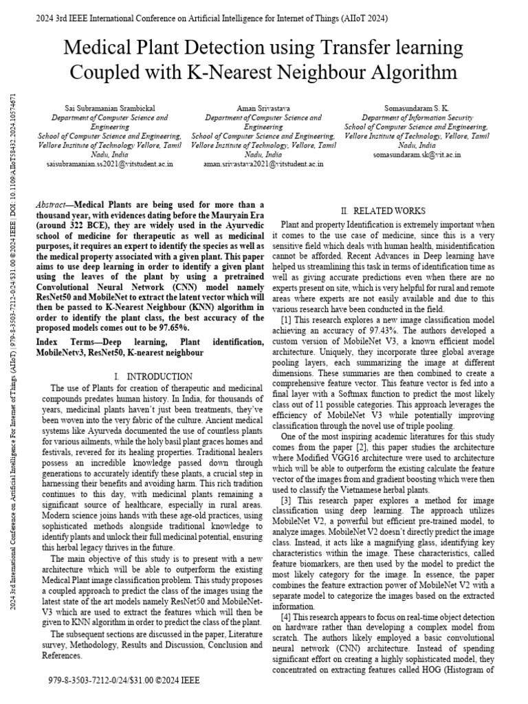 Medical Plant Detection Using Transfer Learning Coupled With K Nearest Neighbour Algorithm Pdf