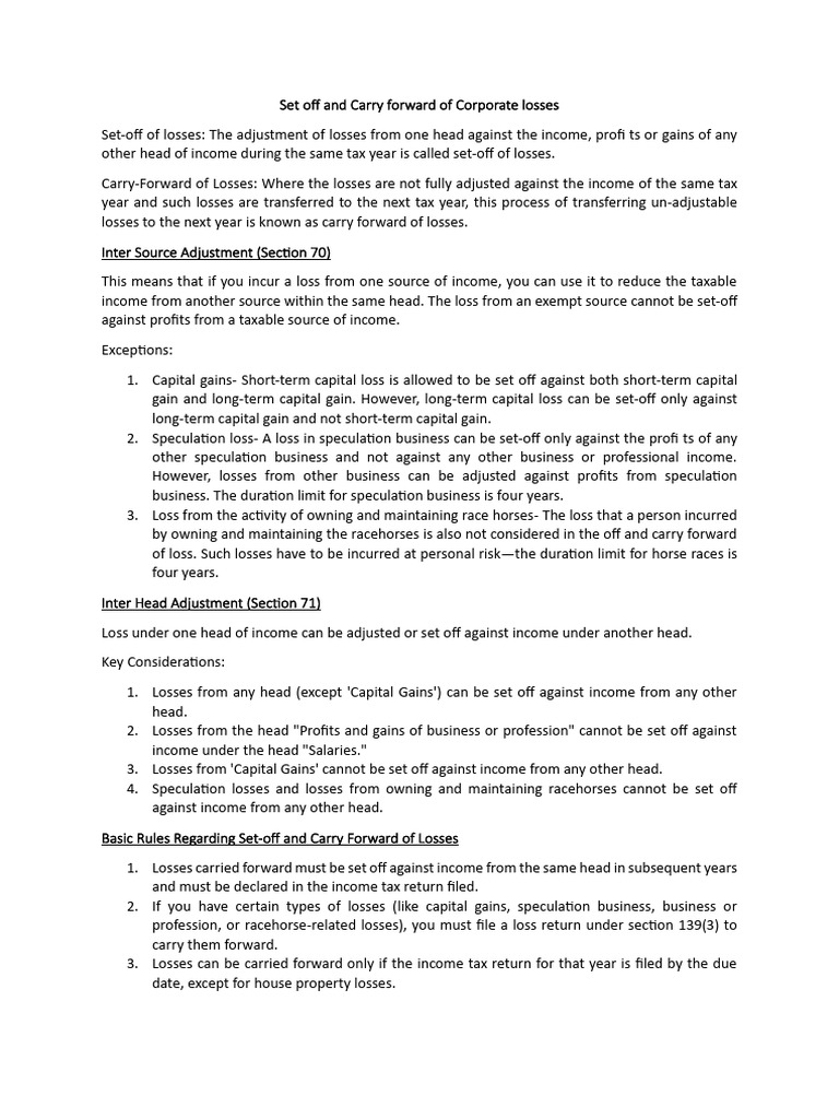 Corporate Loss Set-Off and Carry Forward Guide | PDF | Capital Gains ...