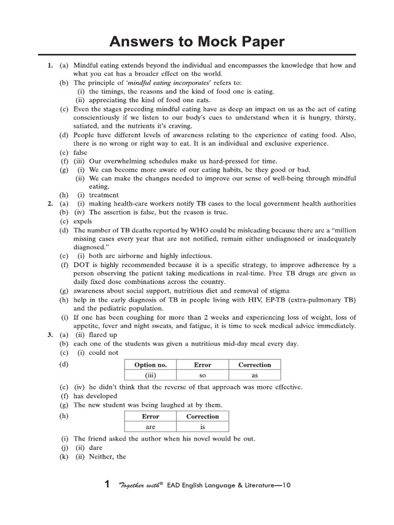 Cbse Cl10 Ead English LLR Answers To Mock Paper 2025 | PDF