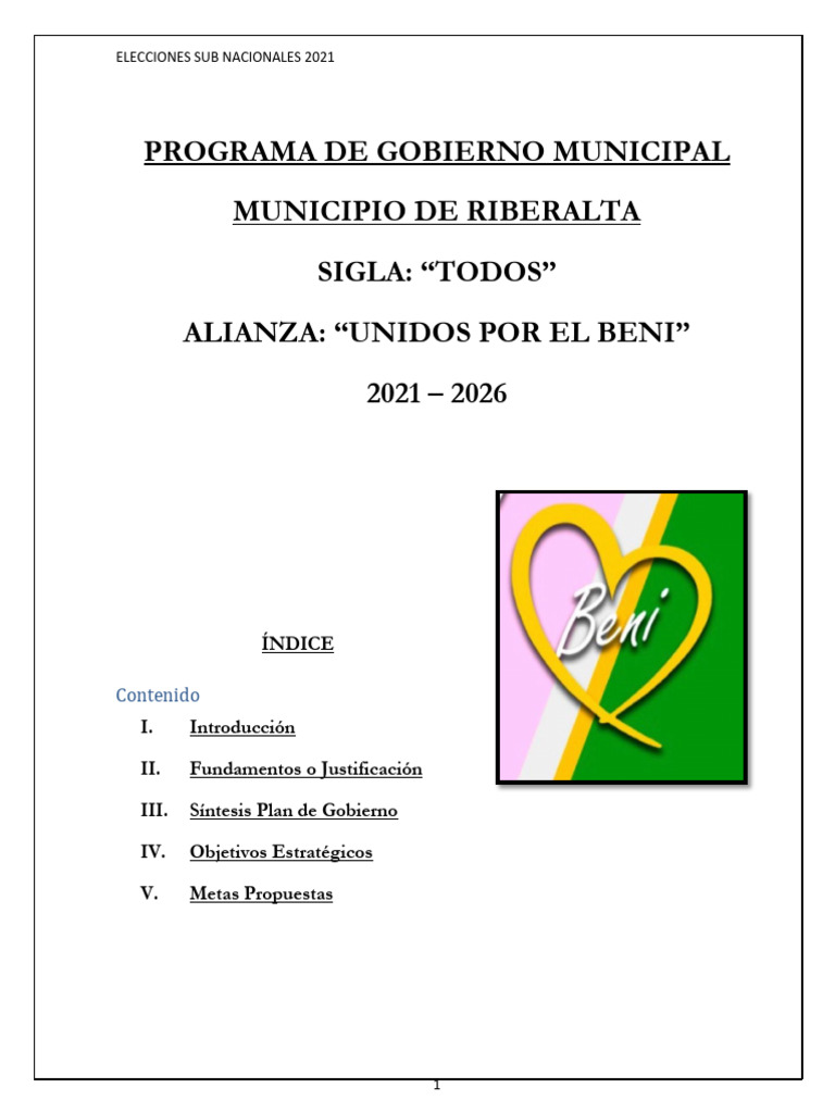 Plan de Gobierno Municipal Riberalta 2021-2026 | PDF