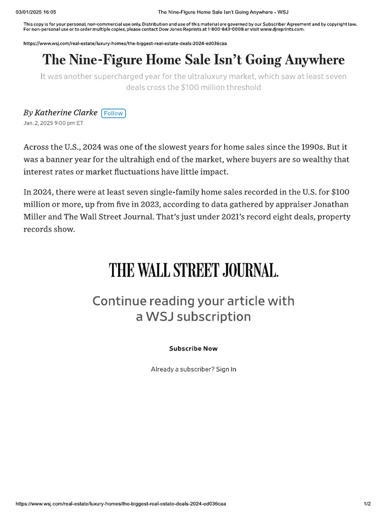 The Nine-Figure Home Sale Isn't Going Anywhere - WSJ | PDF