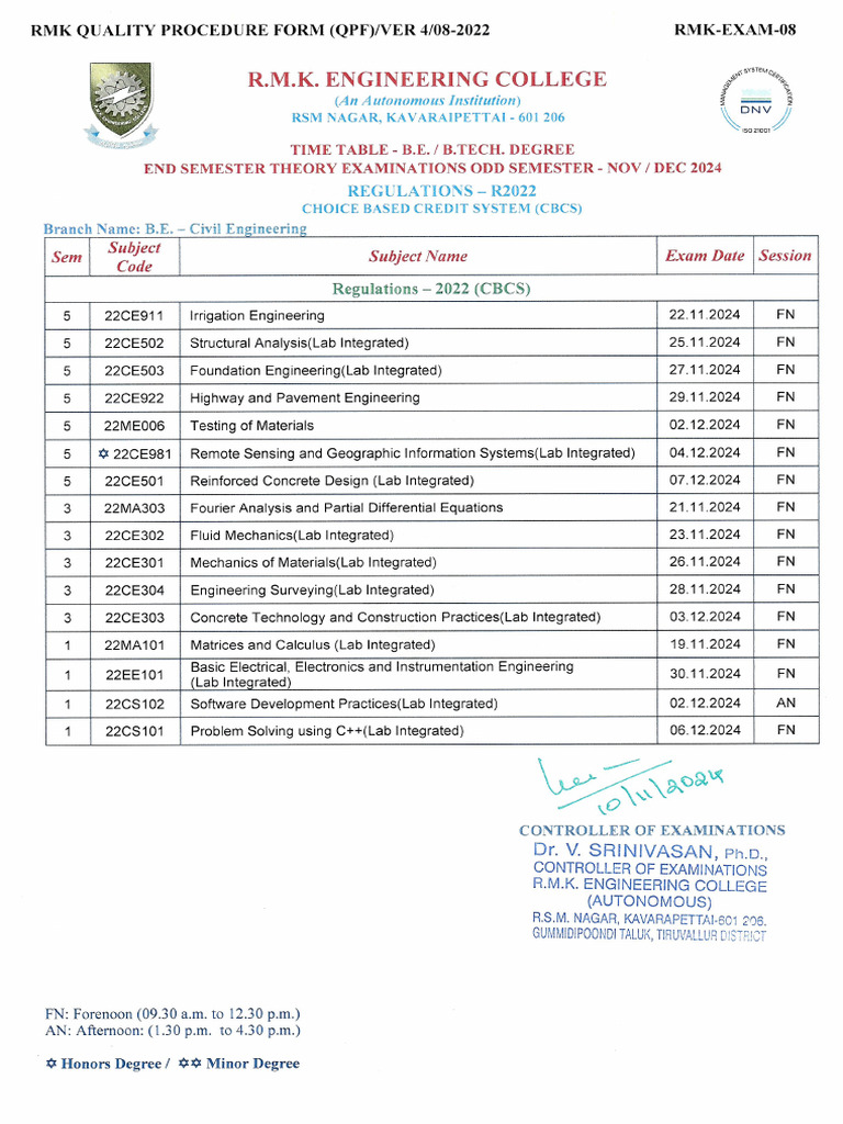 ESE Time Table R2022 | PDF