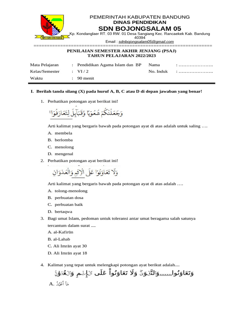 Soal Psaj Pai KLS 6 2022-2023 | PDF
