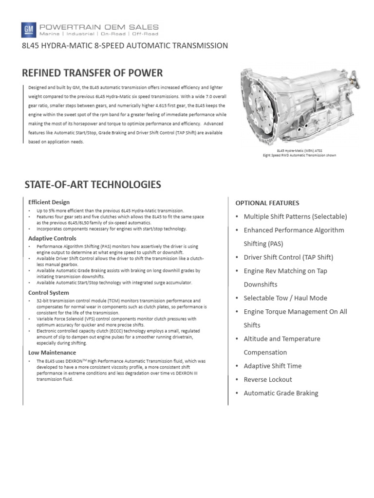 GM Powertrain 8l45 Hydramatic Transmission Features Specifications ...