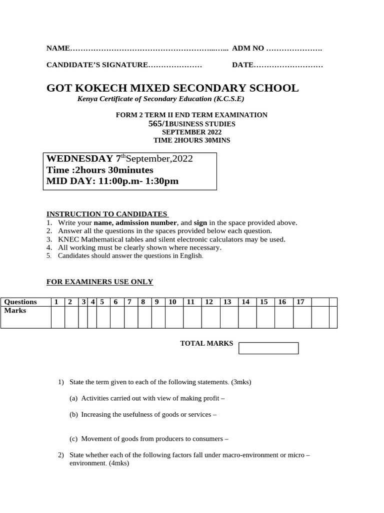 BUSINES FORM 2 END TERM 2 | PDF | Economies | Business