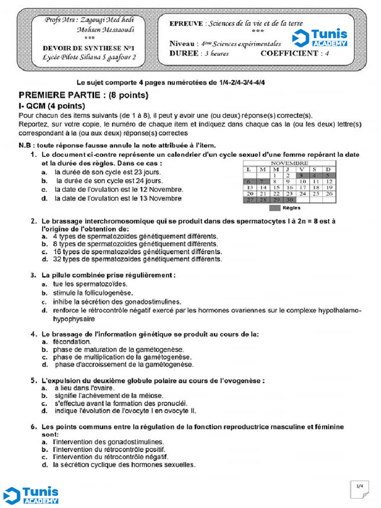 Enoncé Bac SC DS1 Tunis Academy | PDF