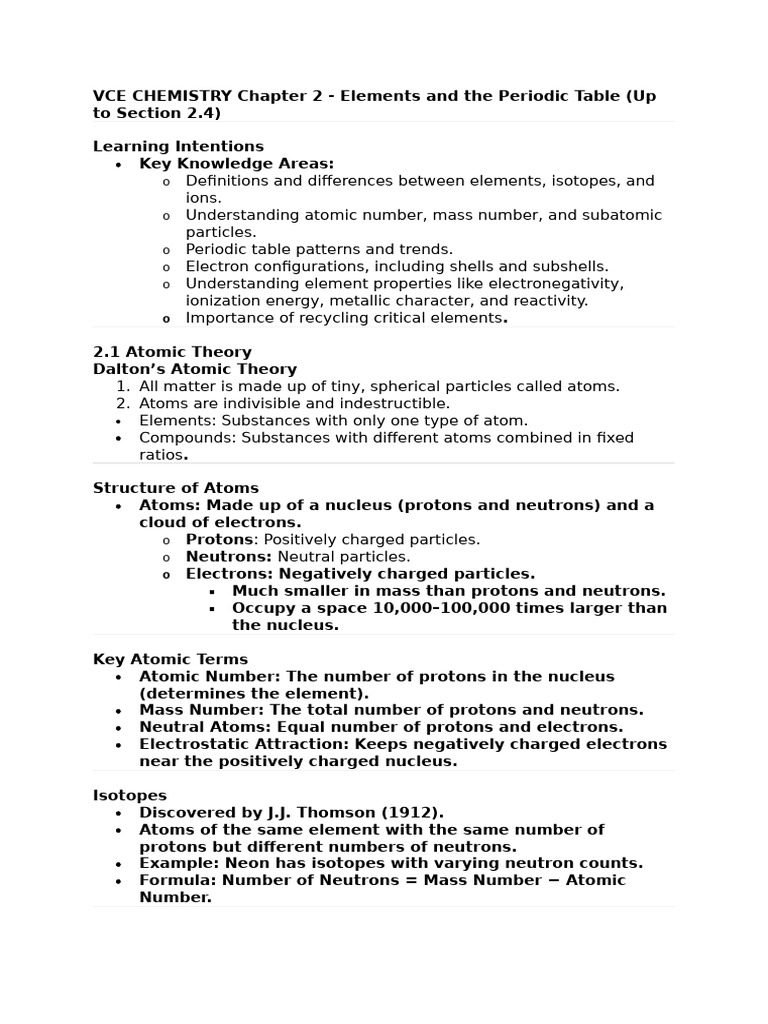 VCE Chemistry: Elements & Periodic Table | PDF | Atoms | Ion
