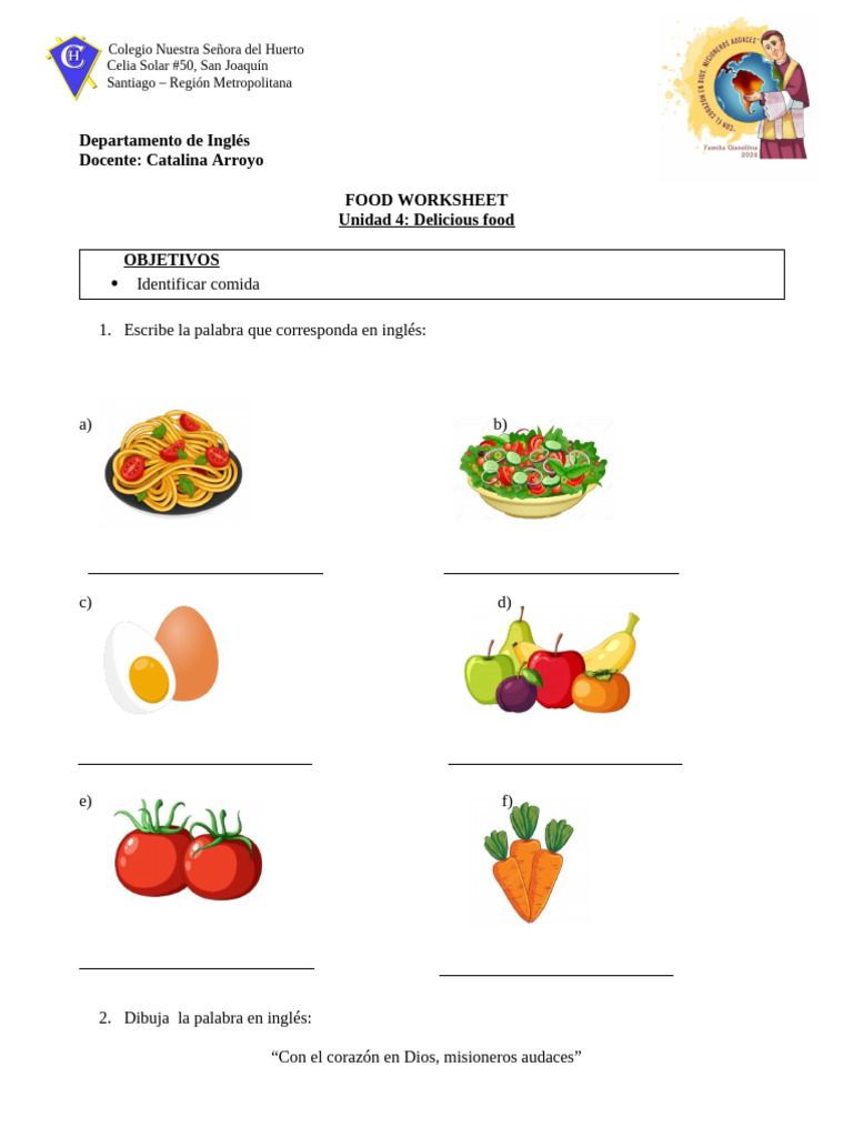 Hoja de trabajo de inglés: Comida deliciosa | PDF