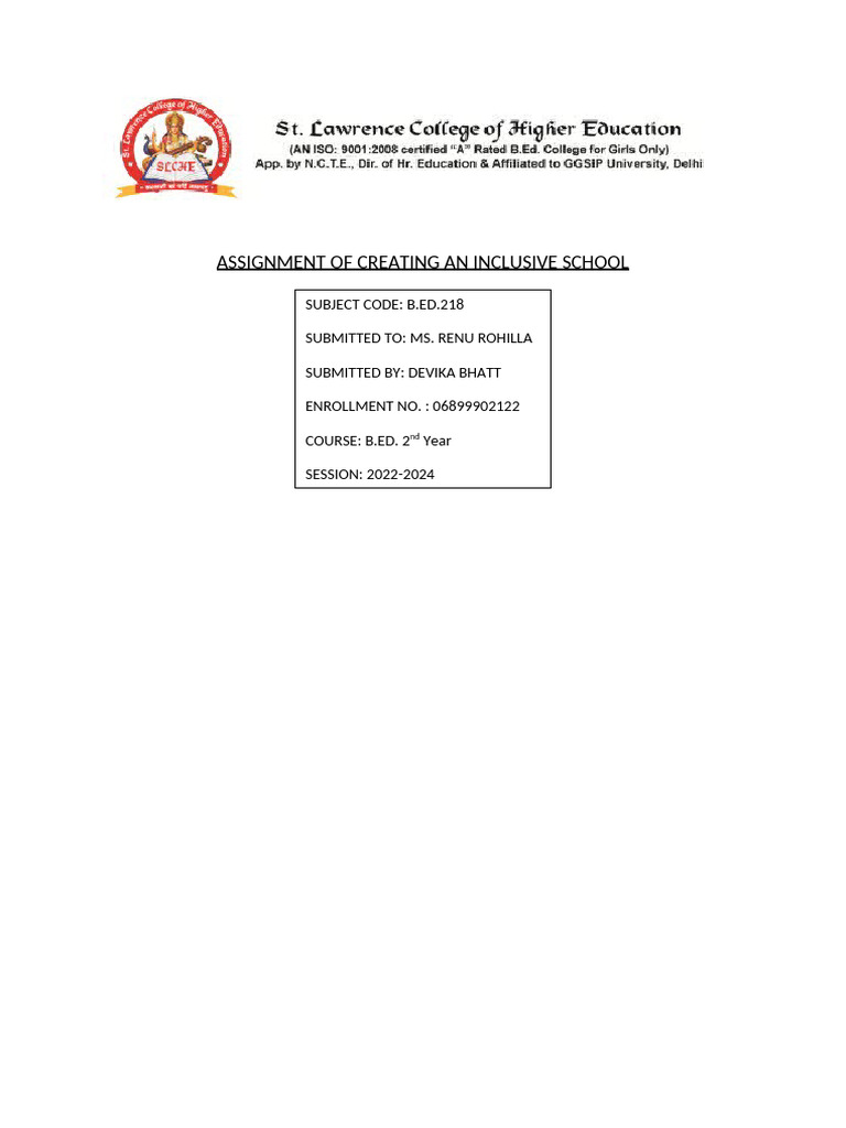 ASSIGNMENT OF CREATING AN INCLUSIVE SCHOOL | PDF